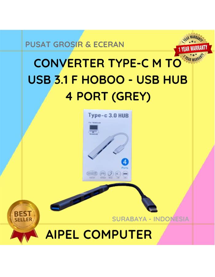 TCU | CONVERTER TYPE-C MALE TO 4 PORT - USB 3.1 FEMALE HOBOO (GREY ...