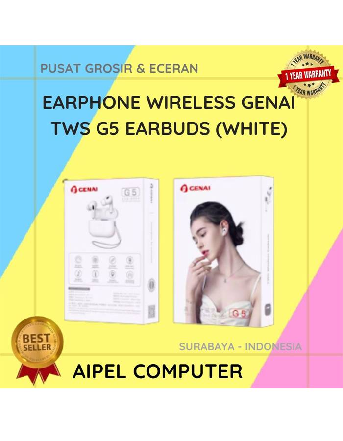 G5 | EARPHONE WIRELESS GENAI TWS G5 EARBUDS (WHITE) - SWALAYAN KOMPUTER
